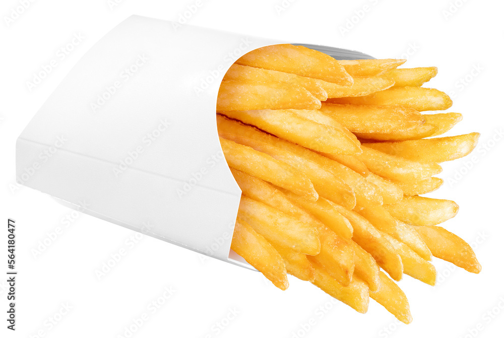French fries in paper bucket on white background, French fries on white ...