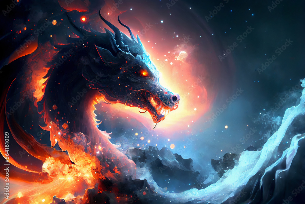 Fire and ice melting in a Galaxy Dragon inspired by Asian culture, Blue ...