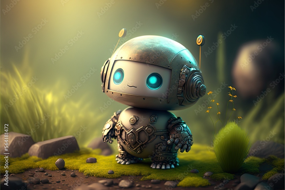 small cute robot in fantasy world, ai art Stock Illustration | Adobe Stock