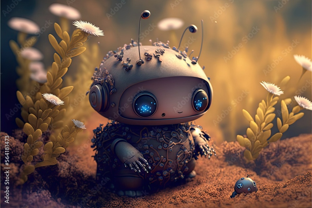 small cute robot in fantasy world, ai art Stock Illustration | Adobe Stock
