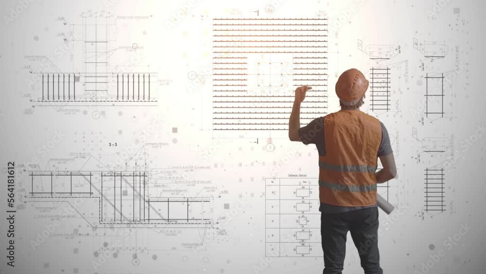 An engineer in a protective helmet and a vest with reflectors with a ...