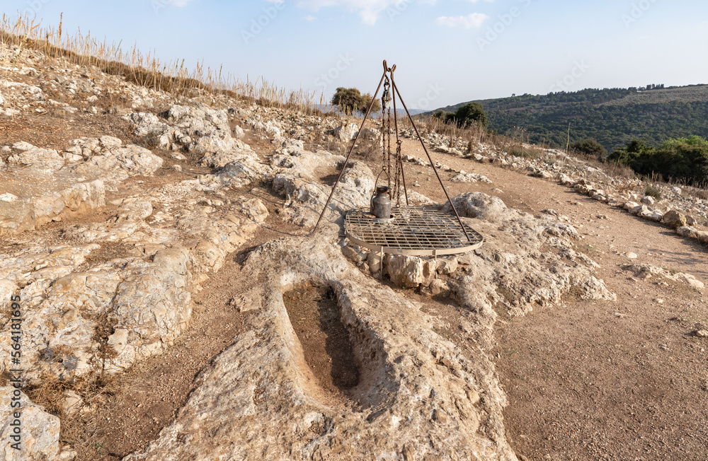 Replica of old metal well on territory of ancient Jotapata city, was ...