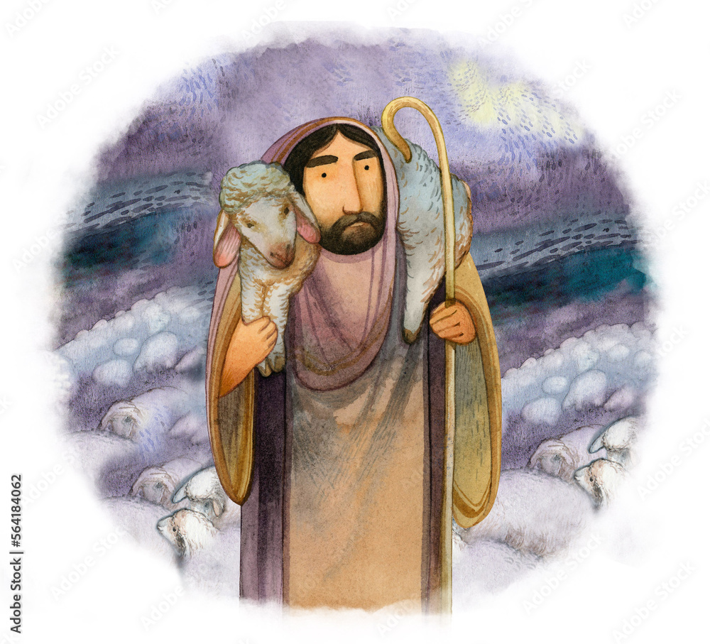 Watercolor illustration of Jesus Christ the Good Shepherd, Jesus with ...