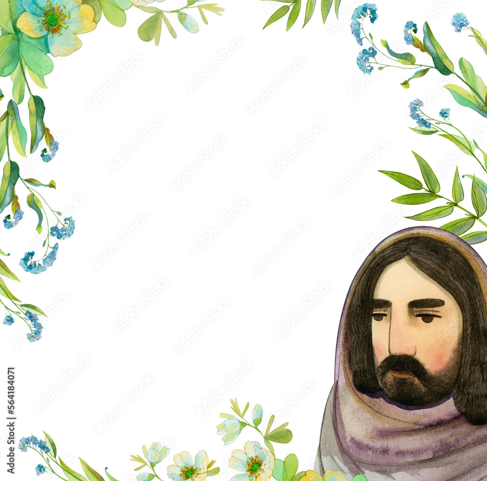 Watercolor frame with a picture of a man, an apostle and a frame of ...