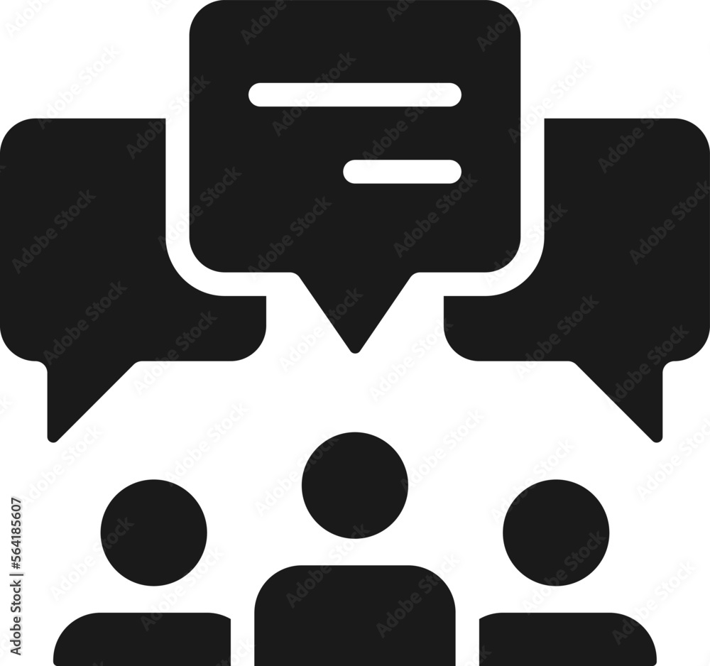 Group discussion black glyph icon. Speech balloons over people crowd ...