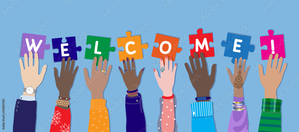Welcome! Welcome vector banner, flyer with diverse female and male ...