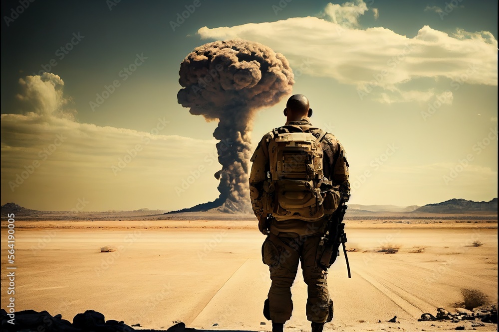 Soldier back, looking at nuclear explosion, mushroom cloud of exploding ...