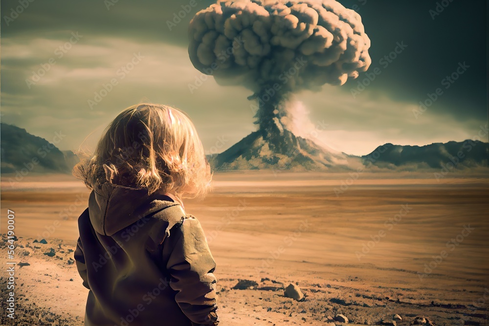 Kid rear view, looking at nuclear explosion. Little girl child watching mushroom-shaped cloud of ...