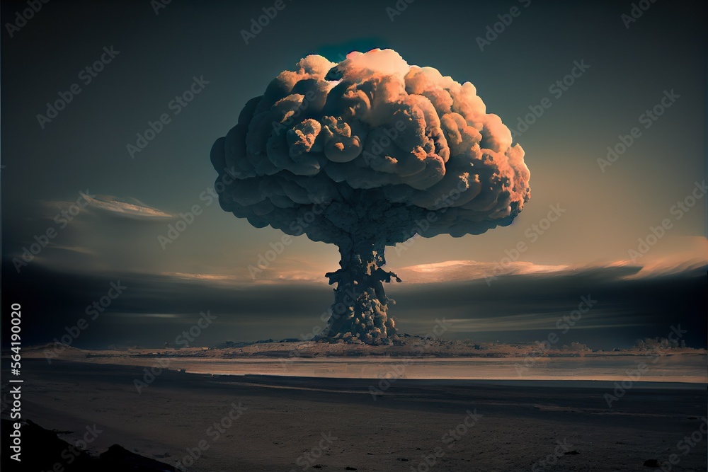 Nuclear explosion, mushroom cloud of exploding atom bomb. Radioactive ...