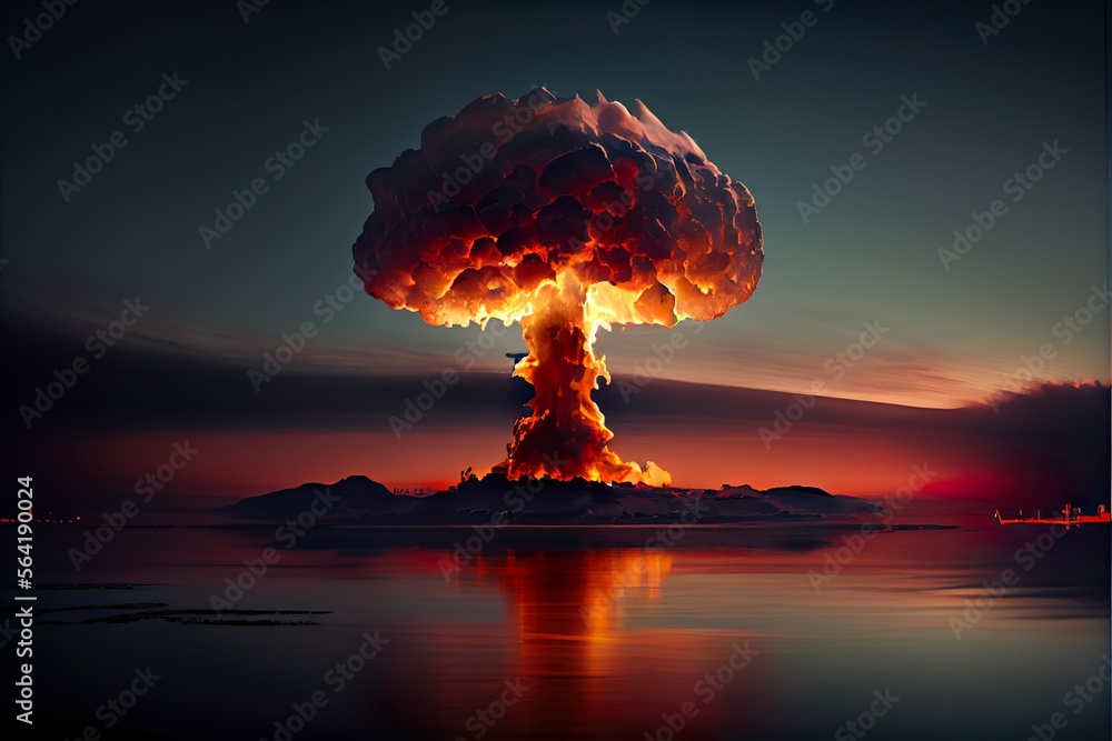Nuclear explosion, yellow orange mushroom cloud of exploding atom bomb ...