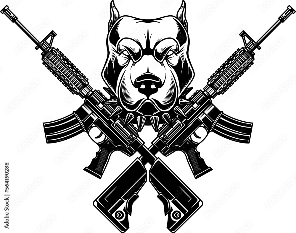 Angry dog head with crossed assault rifles. Design element for poster ...