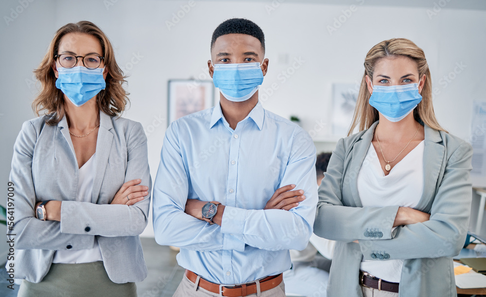 Office team, group portrait and mask with arms crossed, safety or ...