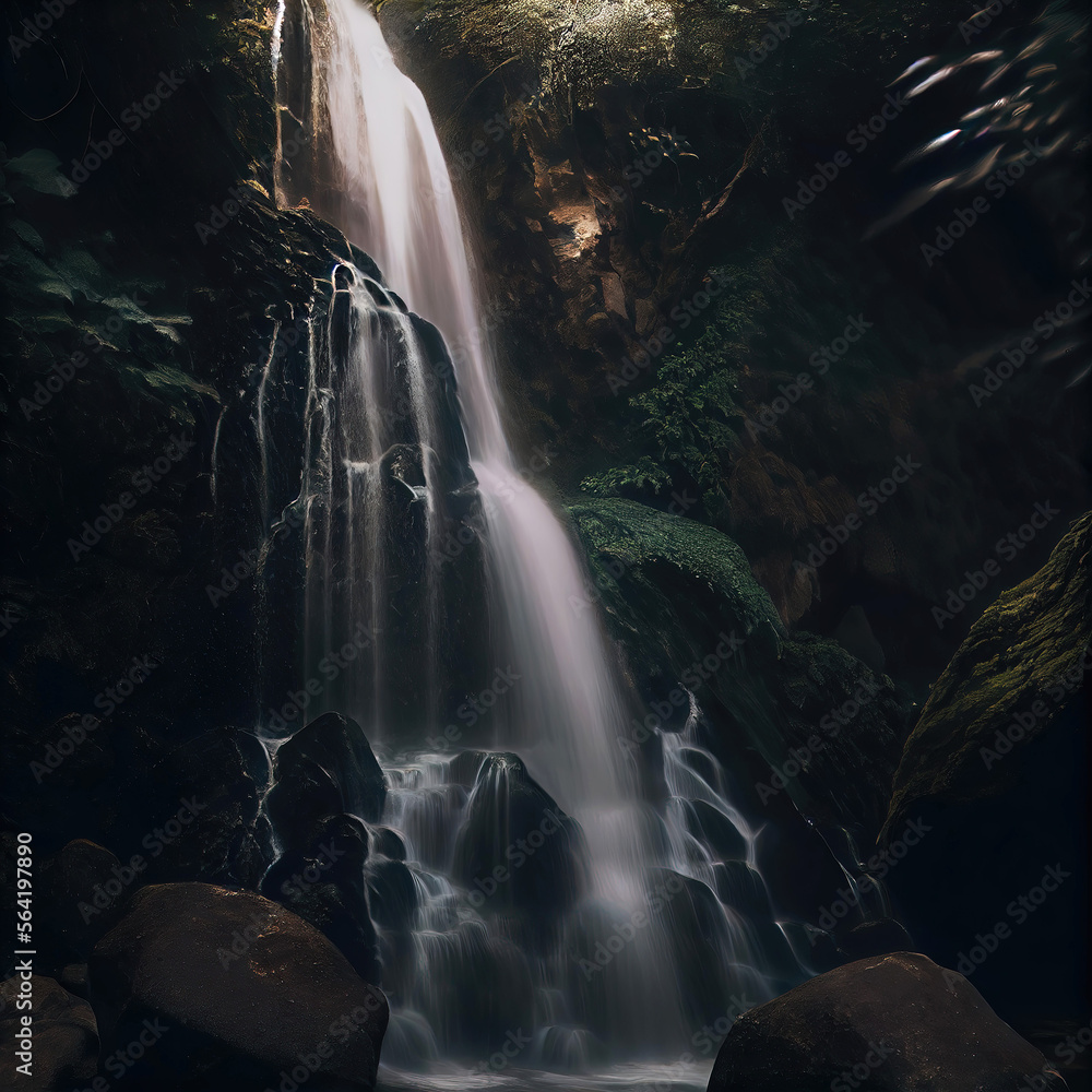 Beautiful waterfall flowing in dark mountain forest (Generative AI ...