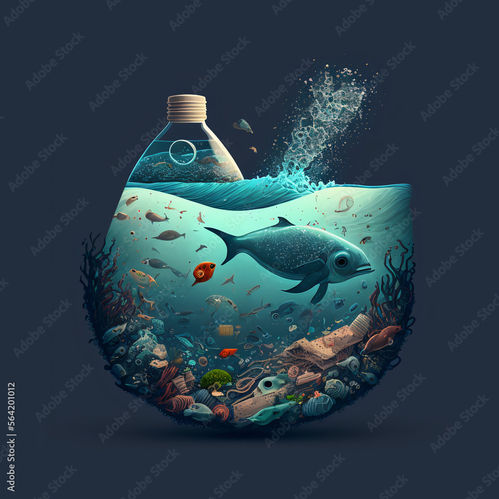 ocean plastic pollution, microplastics and fish. generated AI Stock ...