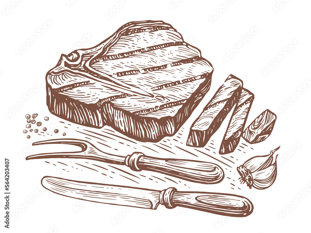 Hand drawn cuts of beef. Grilled meat sketch. Steak house, grill ...