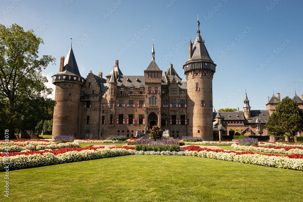 outside of Kasteel De Haar Dutch medieval castle with floral garden on ...