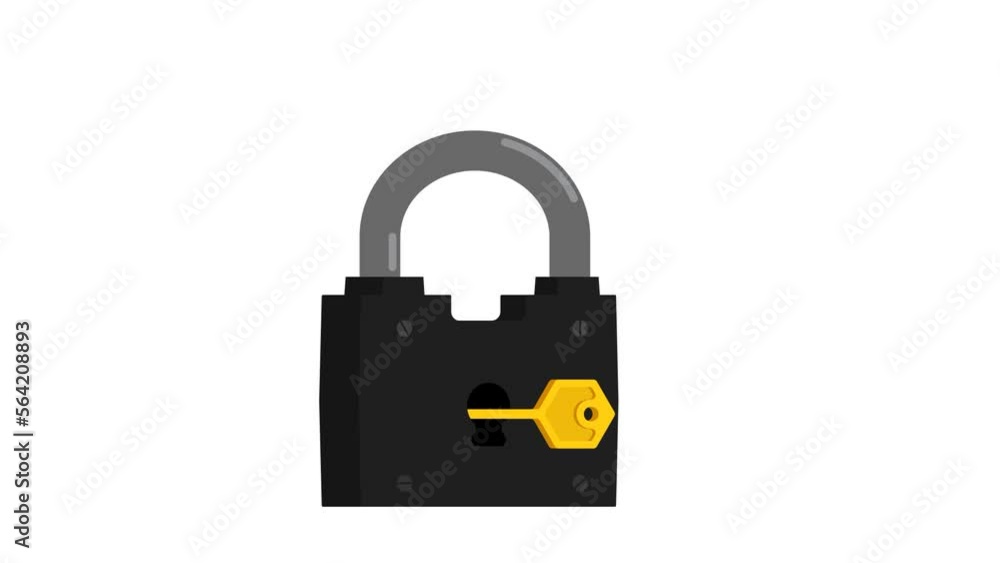Animated padlock barn lock opens and closes with golden key. Safe ...