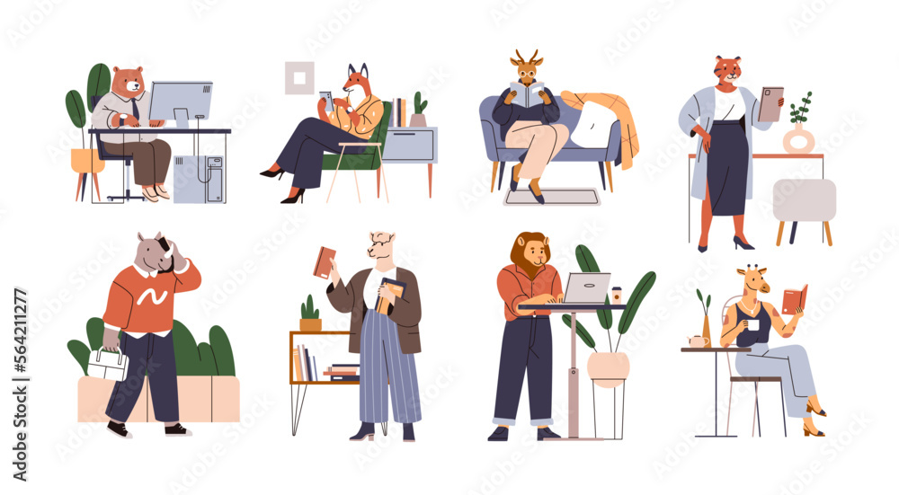 Anthropomorphic animals with phones, computers, books set. Funny fancy ...