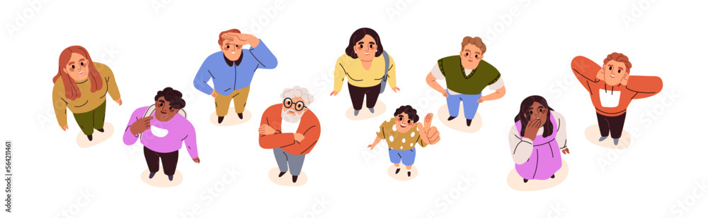 Overhead people looking up. Surprised characters faces watching ...