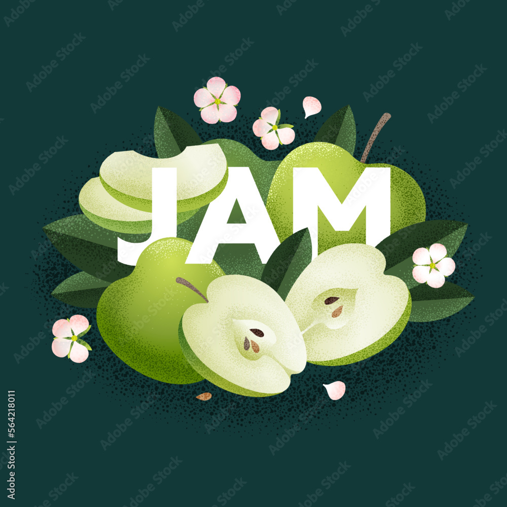 Lettering JAM and Green Apples. Whole and cut fruits, apple seeds ...