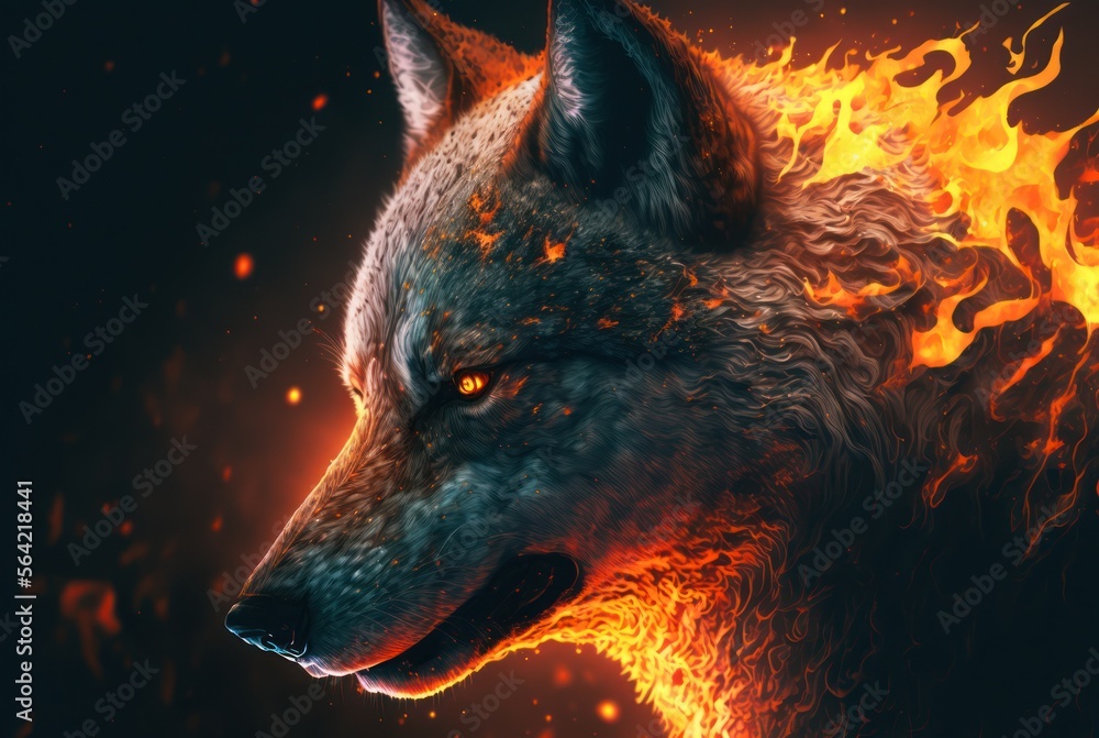Fire wolf head on the dark background. Stock Illustration | Adobe Stock