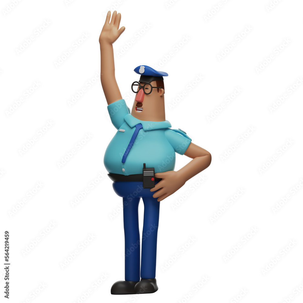 3D illustration. 3D Police Cartoon Character waving. with hands on your ...
