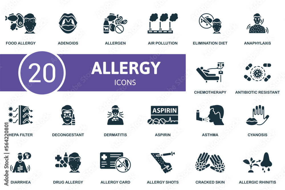 Allergy icon set. Monochrome simple Allergy icon collection. Food ...