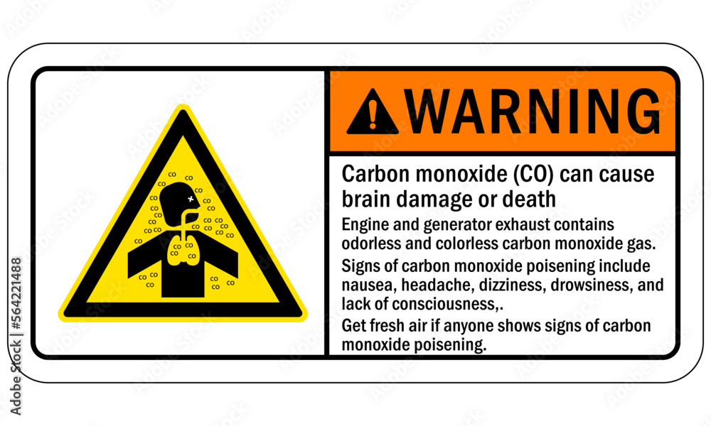 Carbon Monoxide safety sign and labels can cause brain damage or death ...