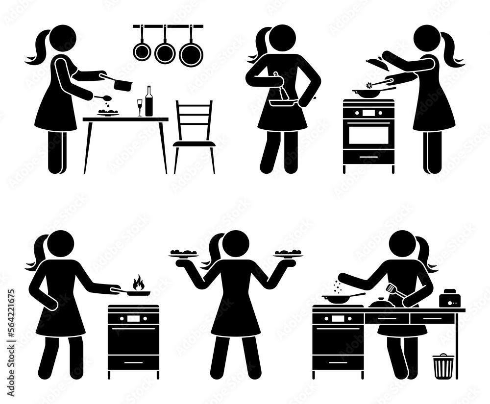 Stick figure woman cooking home kitchen vector illustration set ...