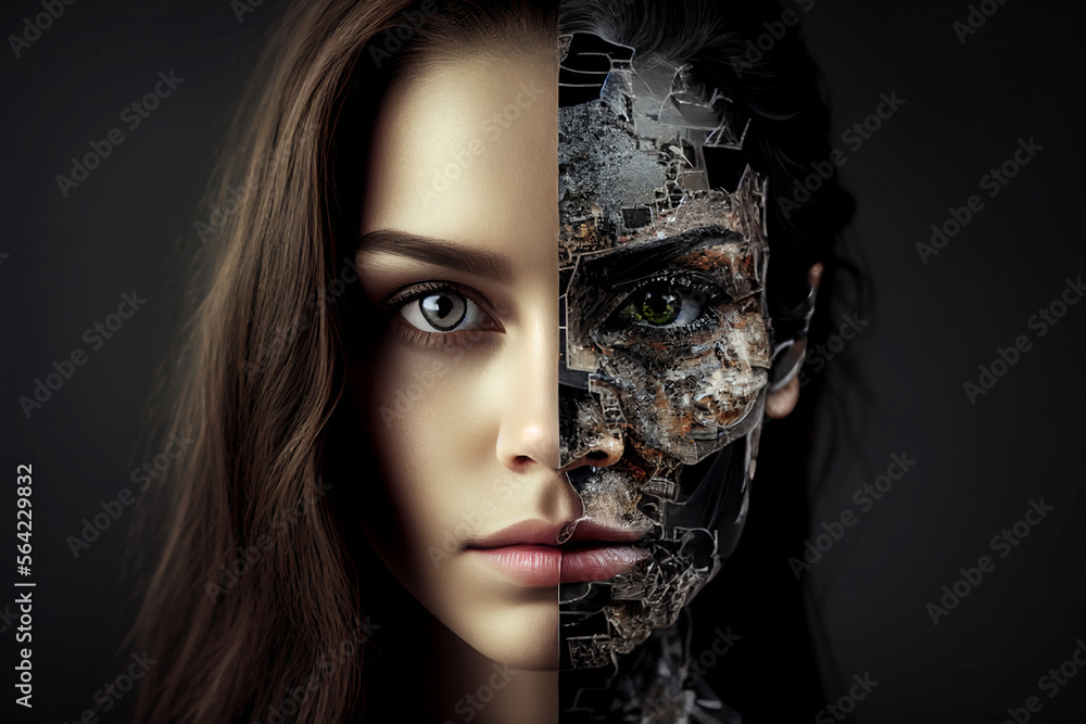 Artificial intelligence, a futuristic humanoid cyber girl with a neural ...