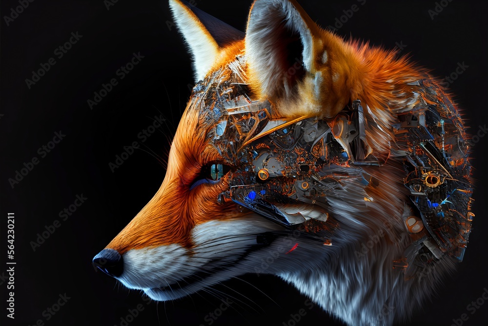 Ilustrace „Artificial intelligence, a futuristic cyber fox with a neural network. Half animal ...