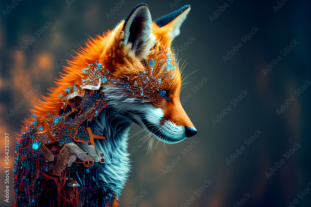 Artificial intelligence, a futuristic cyber fox with a neural network. Half animal, half robot ...