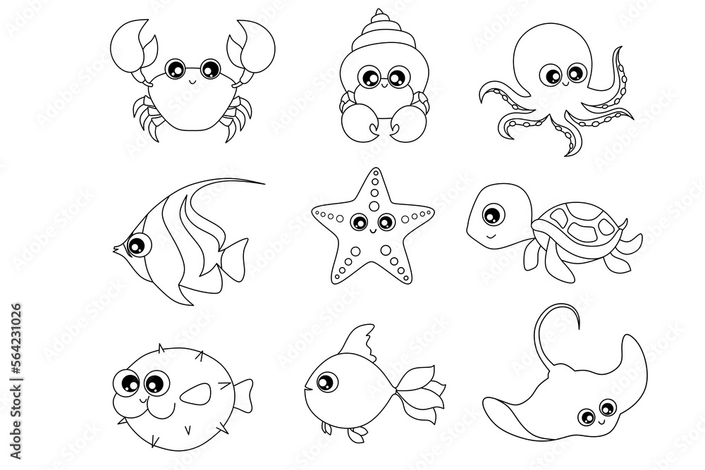 Sea creature line art for coloring page Stock Vector | Adobe Stock