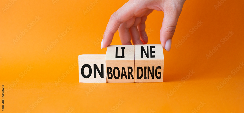 Online Onboarding symbol. Businessman Hand turns cubes with words ...