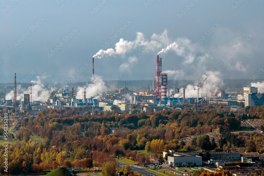 panoramic aerial view of the smoke of pipes as background of huge ...