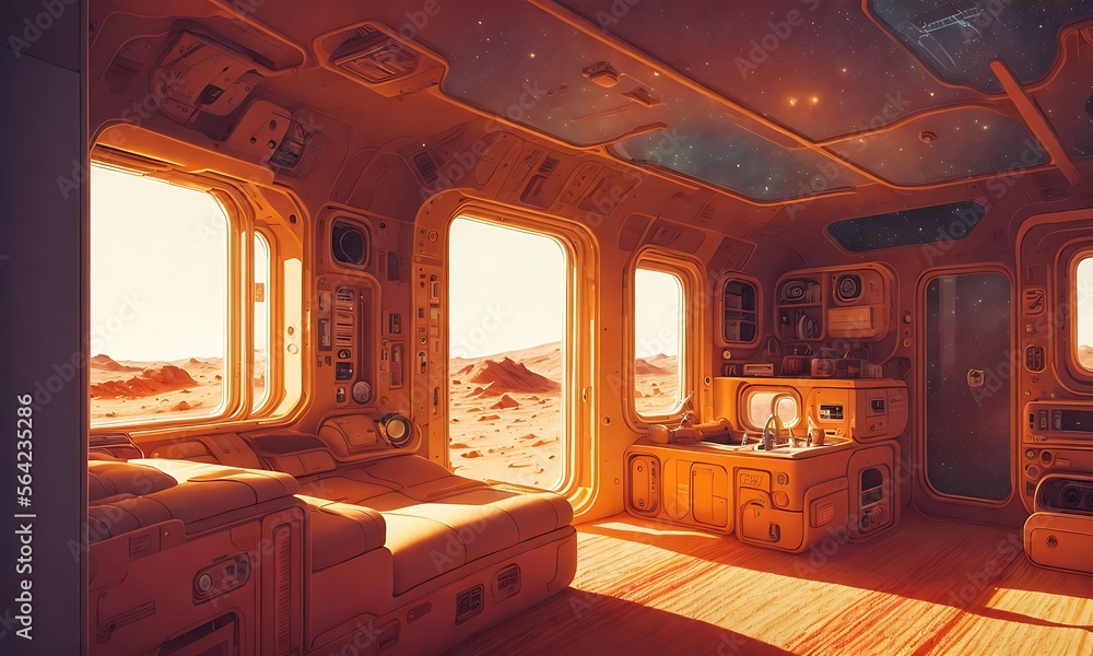 1960's style beautiful and detailed illustration of the inside of a ...