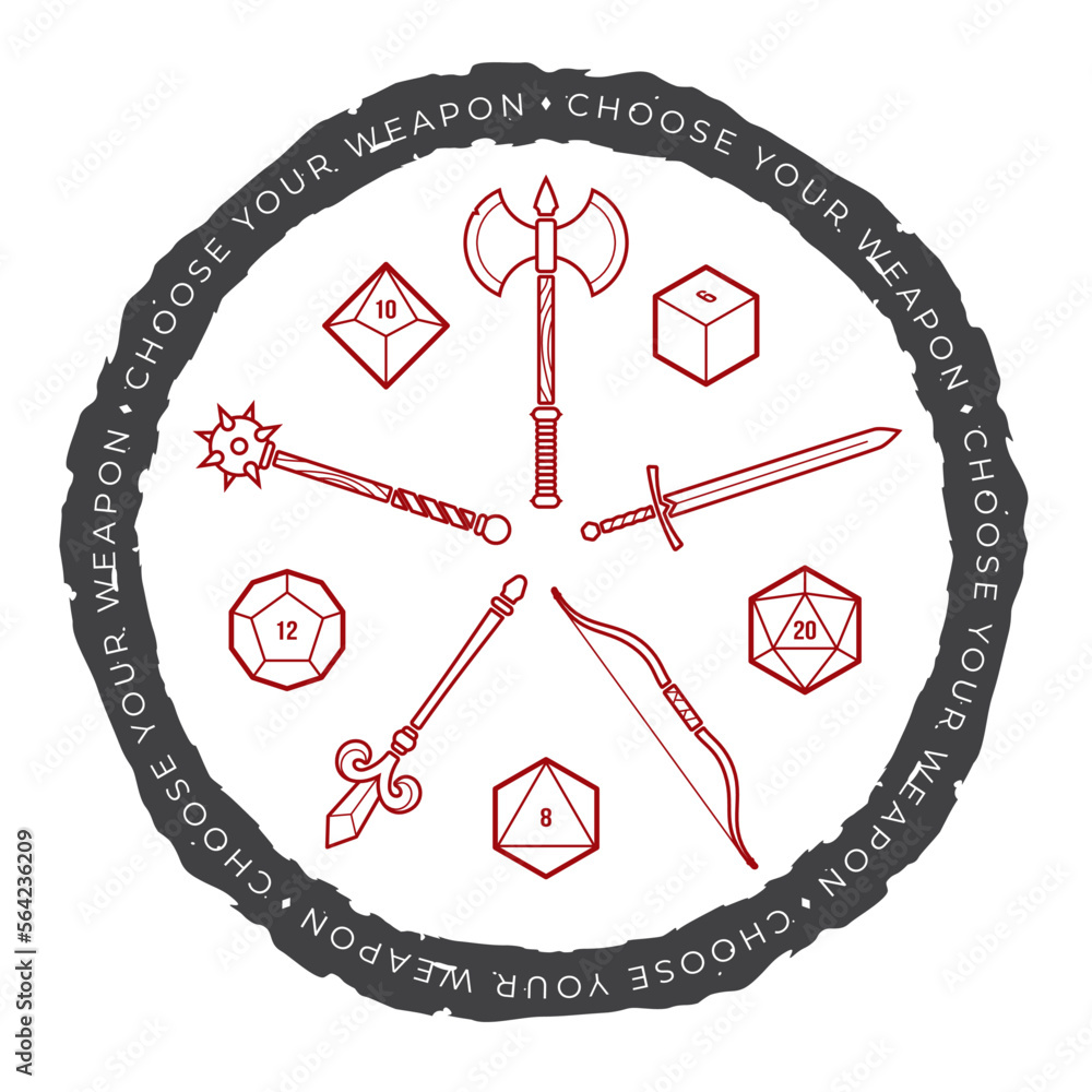 Vector circle line dice set. 20, 12, 10, 8, 6 sided. Line weapons ...