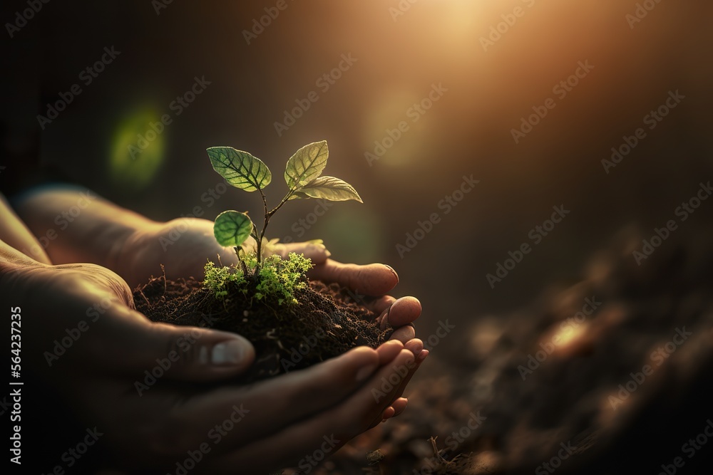 Ilustrace „A seedling with soil grows out of a hand. Take care of ...