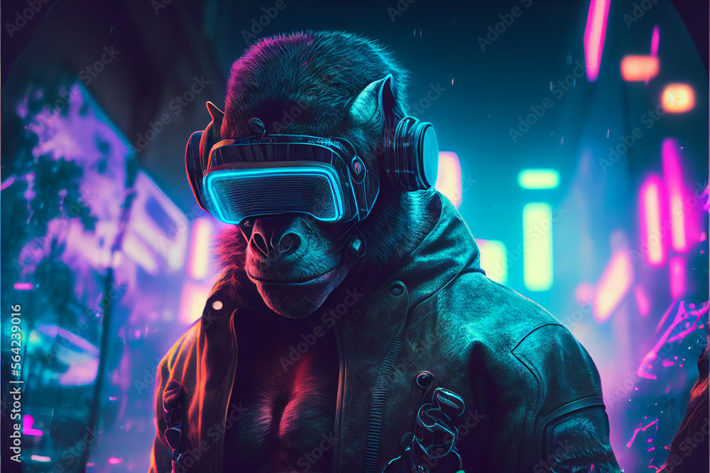 Cyber punk chimpanzees in augmented reality vr glasses in a neon-lit ...