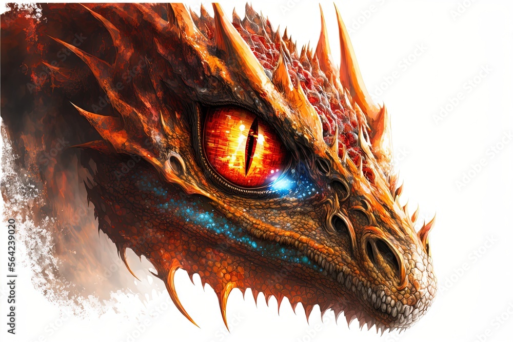 Dragon face with scary look on white background. Digital illustration ...