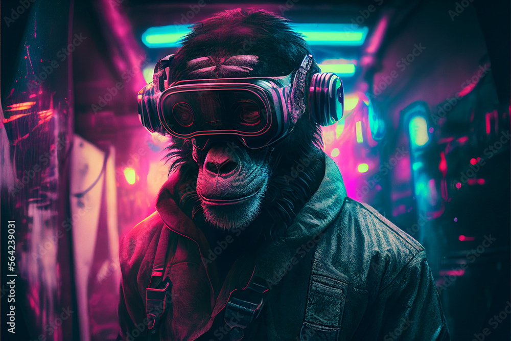 Cyber punk chimpanzees in augmented reality vr glasses in a neon-lit ...