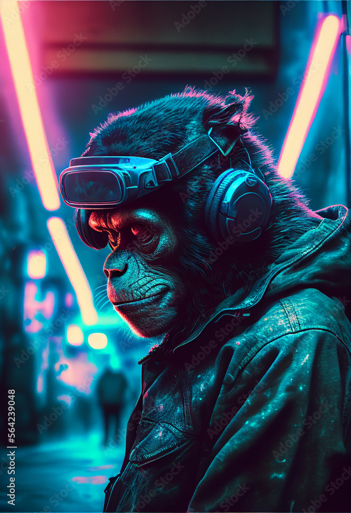 Cyber punk chimpanzees in augmented reality vr glasses in a neon-lit ...