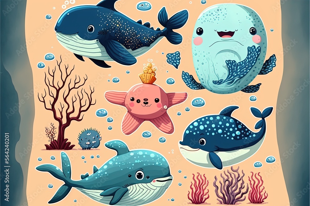 Cute sea animals set illustration, cartoon style, background ...