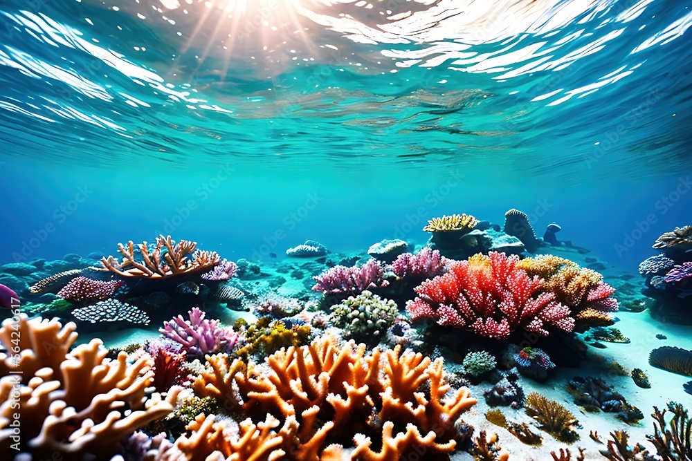 Beautiful and colorful coral reef with clear water and diverse marine ...