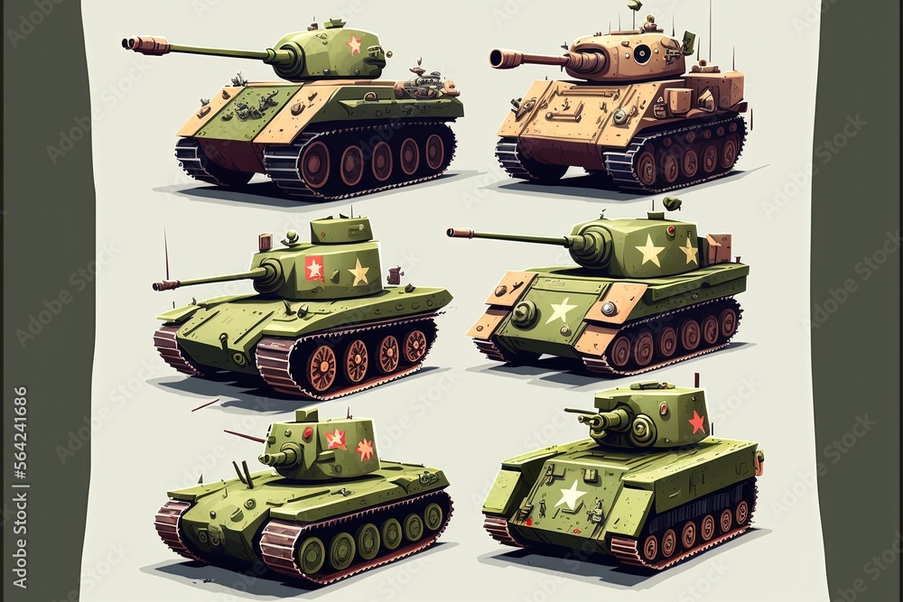 Cartoon style illustration of a set of war vehicles, tanks, cars and ...