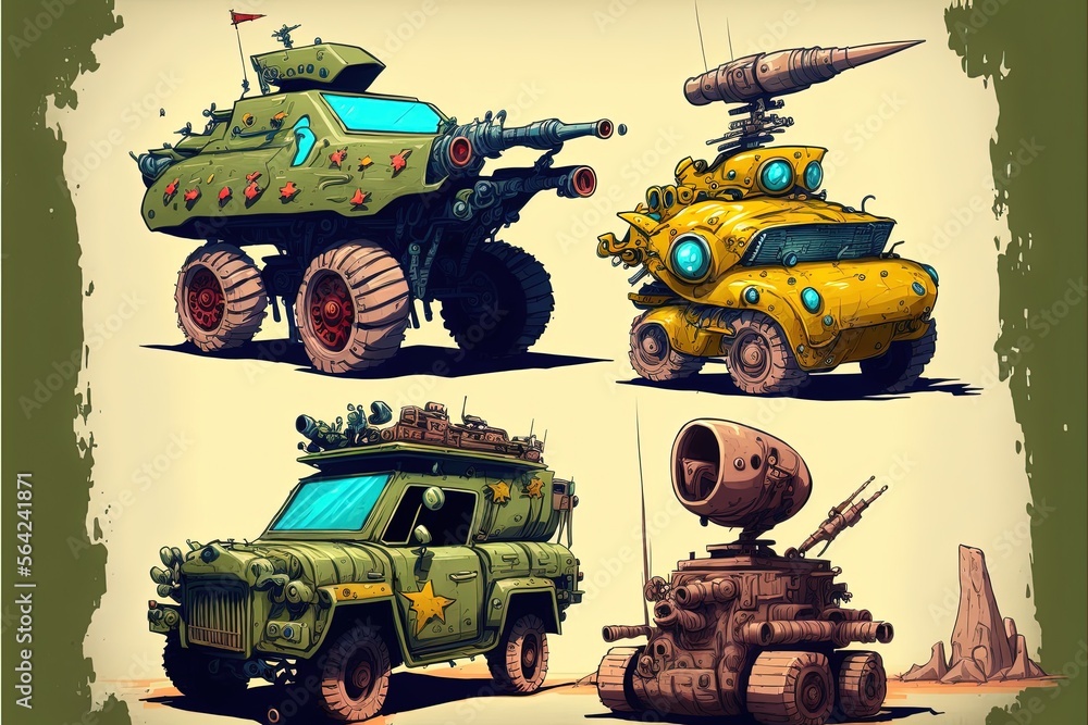 Cartoon style illustration of a set of war vehicles, tanks, cars and ...
