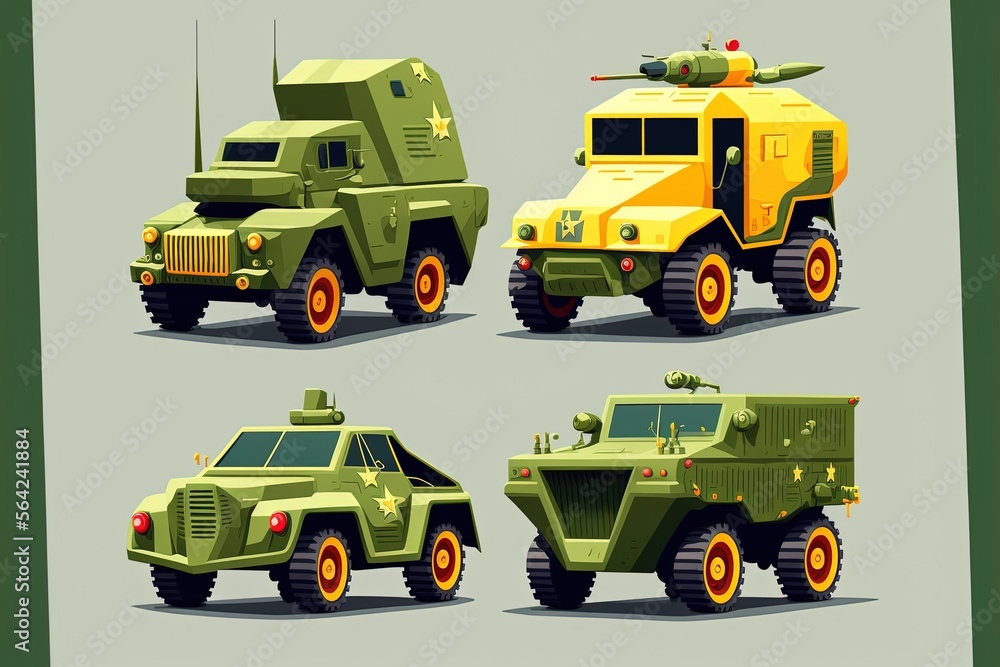 Cartoon style illustration of a set of war vehicles, tanks, cars and ...