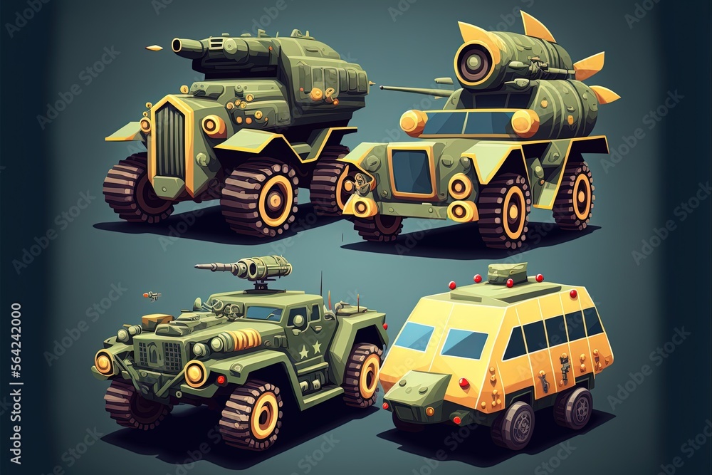 Cartoon style illustration of a set of war vehicles, tanks, cars and ...