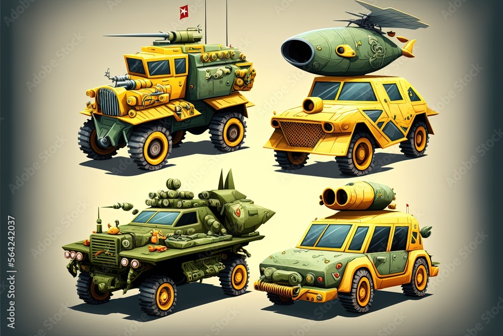 Cartoon style illustration of a set of war vehicles, tanks, cars and ...
