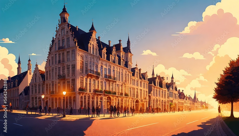 Quaint European Street at Sunset. A city street lined with old, tall ...